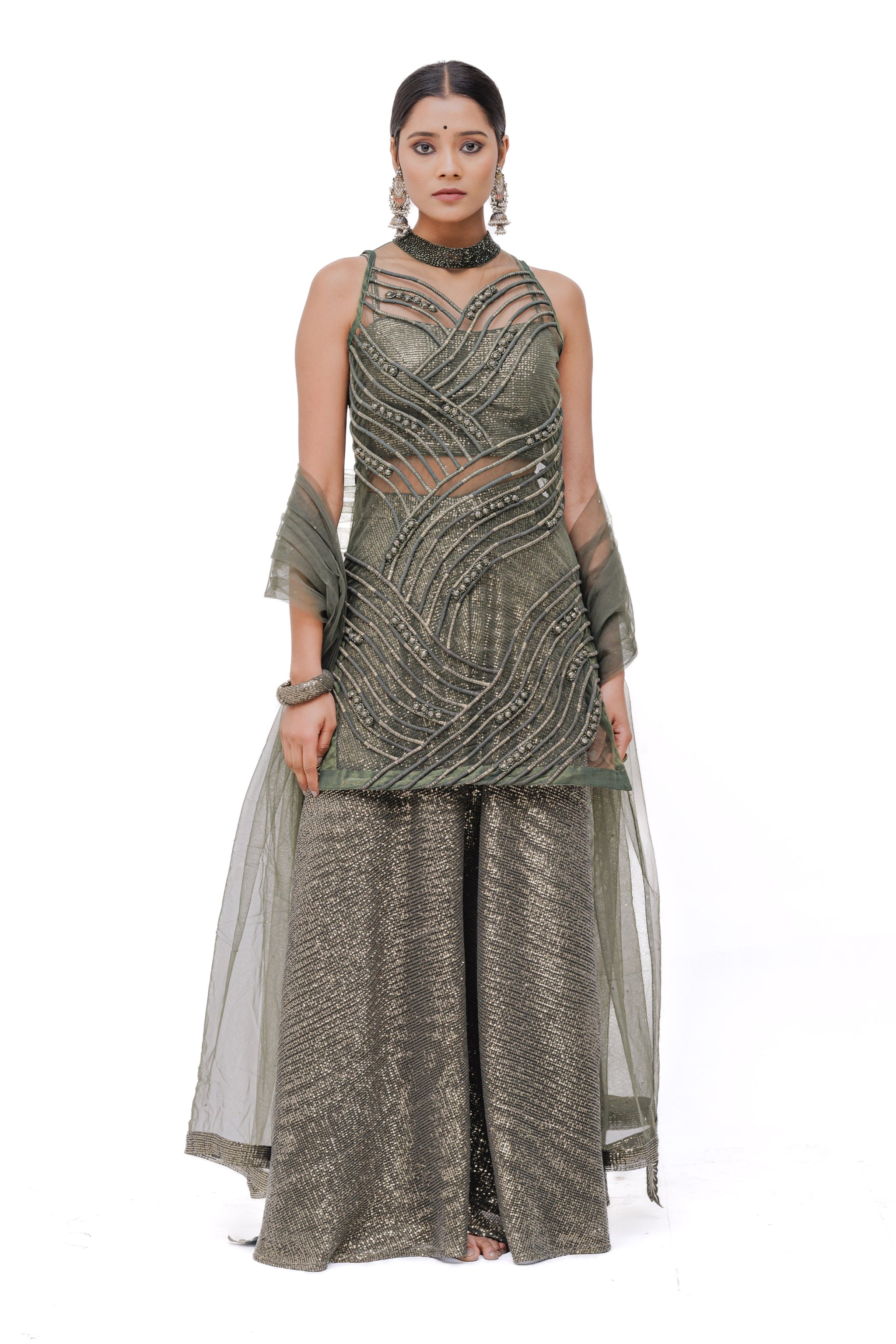 PEARL ZADE SHARARA SET (olive)